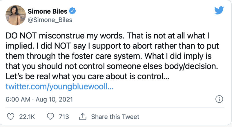 SAD: Former foster child Simone Biles argues it's better to be aborted ...